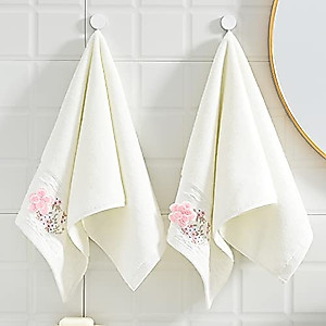 YiLUOMO Beige Hand Towels Stereoscopic Flower Embroidered Bathroom Hand Towel Super Soft 100% Terry Cotton Highly Absorbent Decorative for Home Bathroom(13 x 29 Inch, 2 Pieces)