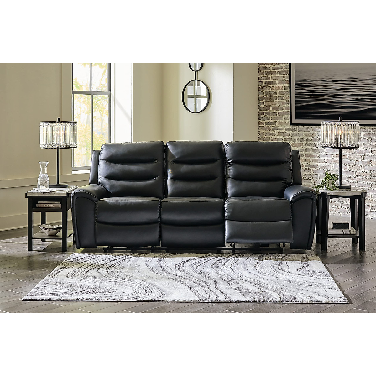 Signature Design by Ashley Warlin Modern Faux Leather Tufted Power Reclining Sofa with Adjustable Headrest, Black