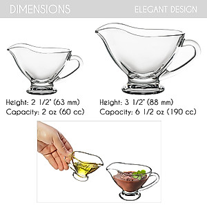 Crystalia Gravy Boat Saucer Set Clear Glass, Large and Small Condiment Appetizer Serving Bowl with Easy Grip Handle, Lead-Free Premium Clear Glass Set of 2