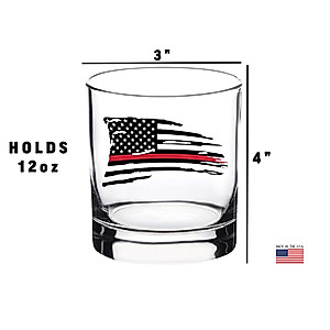 Rogue River Tactical Tattered Waving Firefighter Thin Red Line Flag Old Fashioned Whiskey Glass Drinking Cup Gift For Fire Fighter Department FD