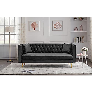 EMKK Small Velvet 2-Seater Couch with Pillows, Loveseat Accent Sofa, Living Room Sofá with Tufted Backrest, Black