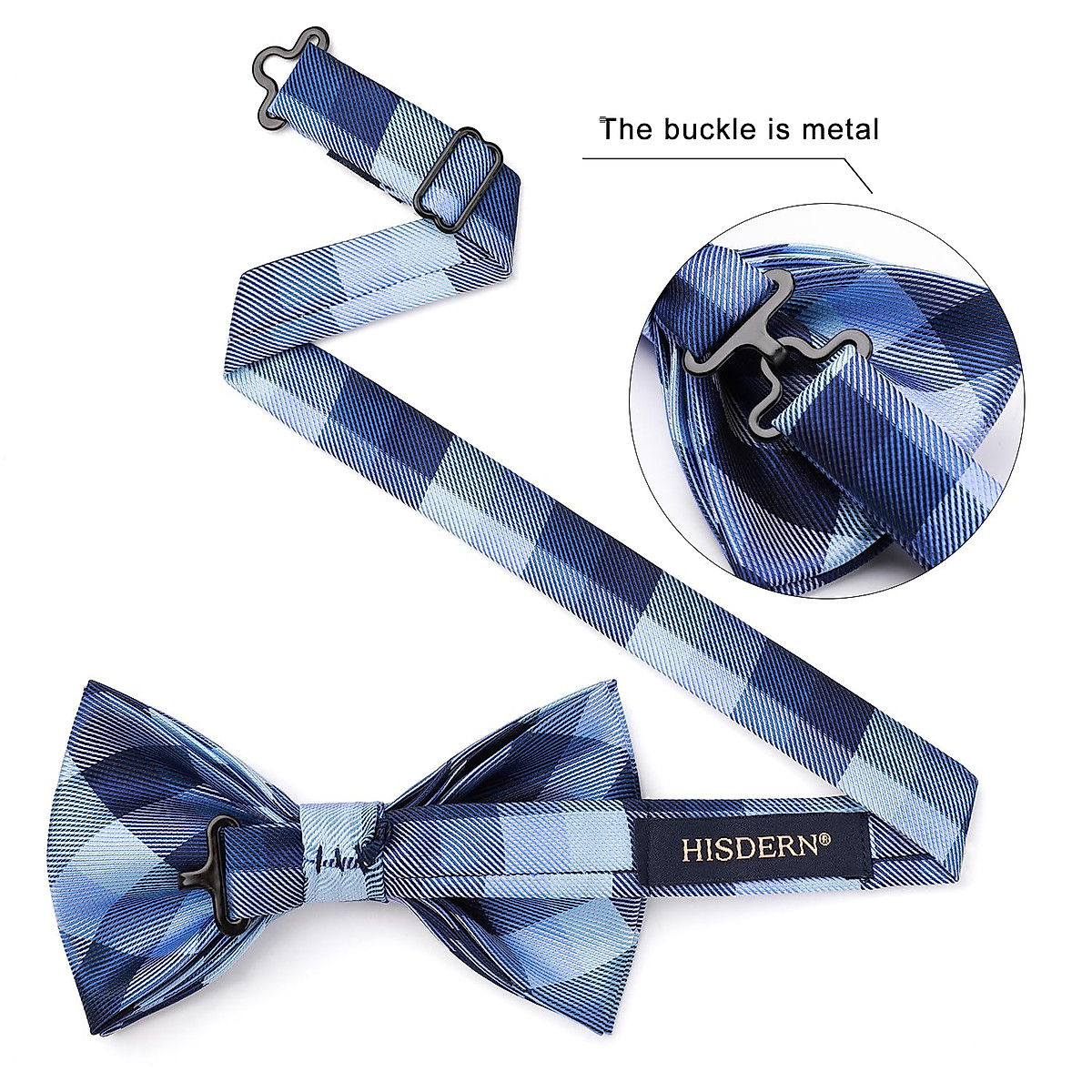 HISDERN Bow Ties for Men Plaid Blue Mens Bowtie Pretied Classic Satin Formal Business Bow Tie Adjustable Tuxedo Bowties for Wedding Party