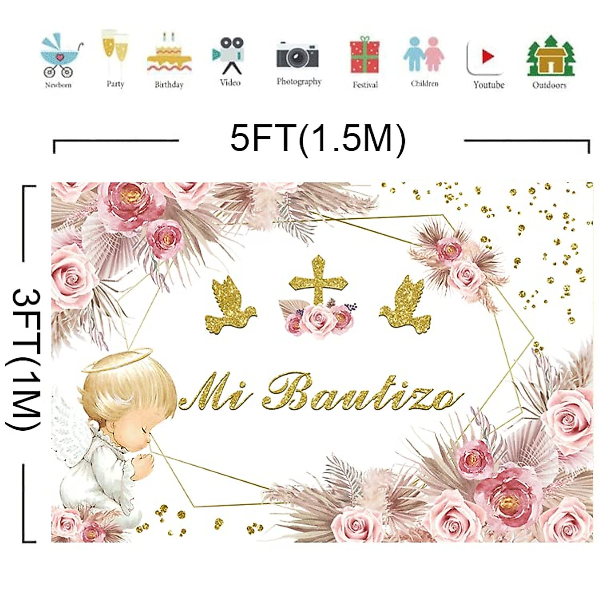 5x3ft Mi Bautizo Backdrop for Girl Baptism Gold Bless Background Boho Pink Flower Golden Dots Photography Baby Shower Banner Party Decorations Floral Newborn Photo Booth Props Supplies