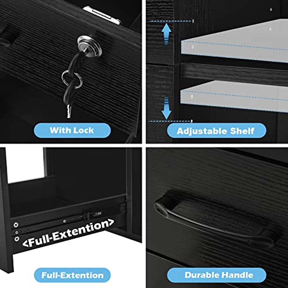 Wood File Cabinet, 3 Drawer Mobile Lateral Filing Cabinet On Wheels, Printer Stand with Open Storage Shelves for Home Office(Black)