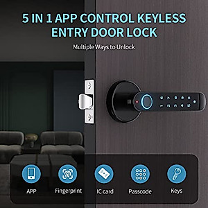 Smart keyless Entry Door Lock - ENOKER 5 in 1 Fingerprint Door Knob Lock with APP/IC Key Cards/Passcode/Backup Keys/ 100 Fingerprints with Keypad Handle for Home Hotel Office Apartment Bedroom