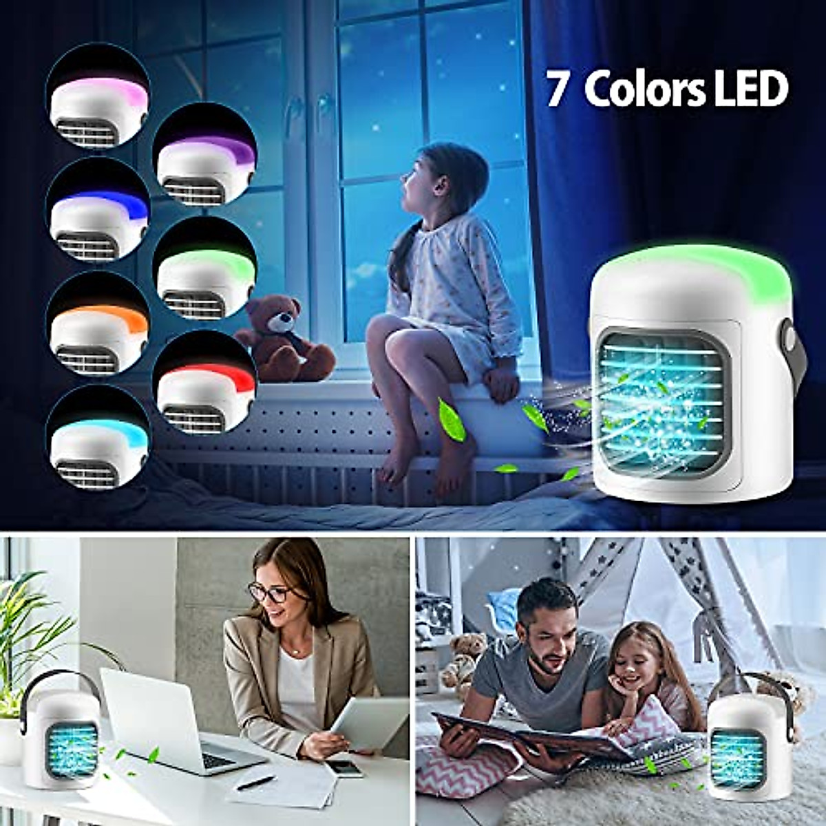 Portable Air Conditioner 4 in 1 Personal Air Cooler Fan with 4 Ice Tray USB Rechargeable Mini Quiet Evaporative Humidifier with 7 LED Light Battery Operated 3 Wind Speed Desktop Cooler for Home/Office