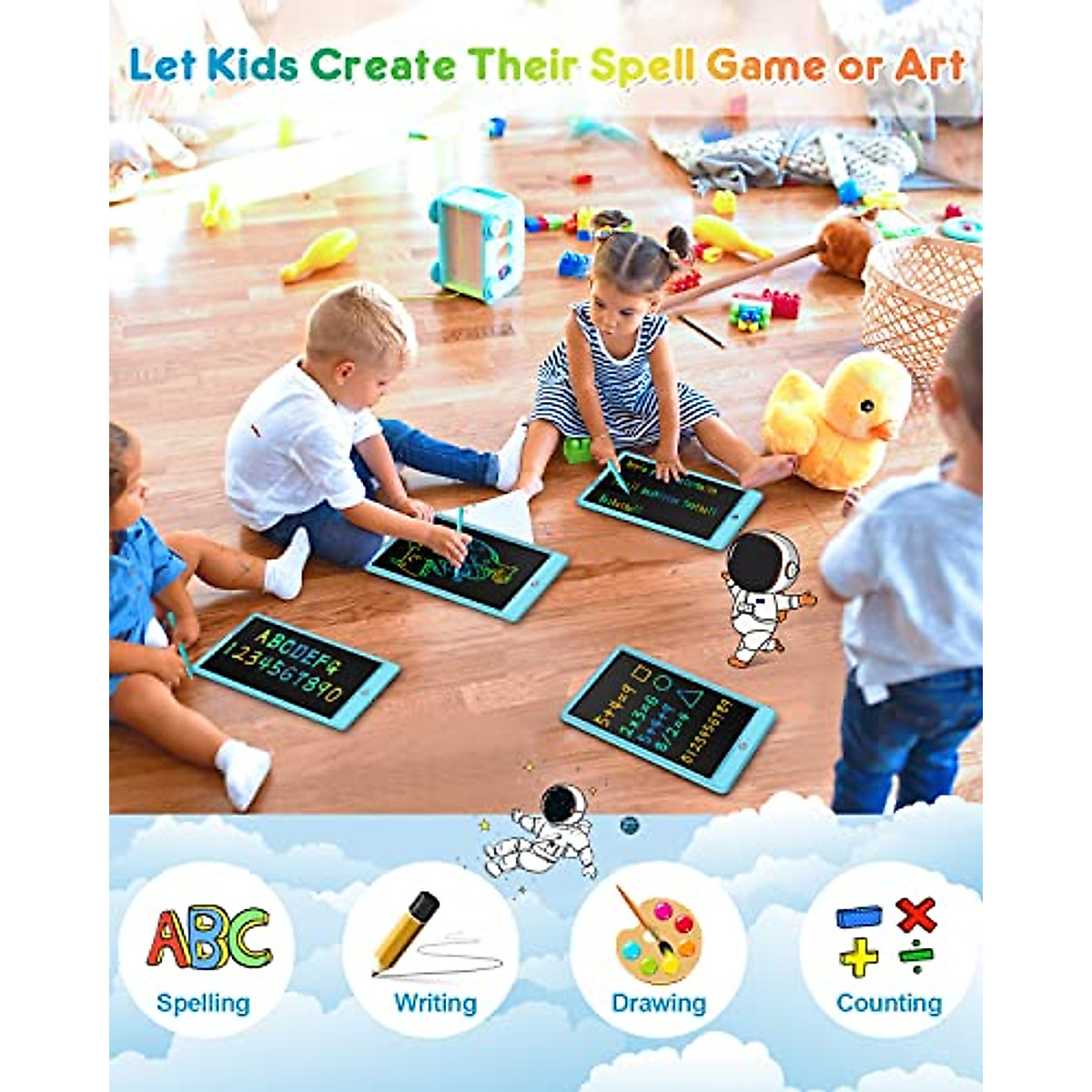 FLUESTON LCD Writing Tablet Doodle Board, Toys for 3 4 5 6 7 8 Year Old Girls Boys, Drawing Pad for Kids, 10 Inch Colorful Electronic Board Drawing Tablet Gifts for Toddler Educational Learning Travel