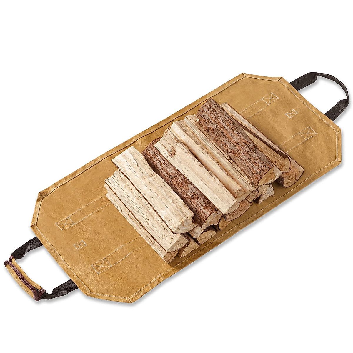 eletecpro Firewood Carrier 39x18 Inch Durable Waxed Canvas Log Carrier Heavy Duty, Fire Place Sturdy Wood Carring Bag with Handles Security Strap for Camping Indoor (khaki)
