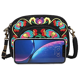 SILKAREA Embroidered 3 zip Small Crossbody Bag Cell Phone Purse Shoulder Wallet Handbags Wristlet Clutch Bag for Women (Yellow)