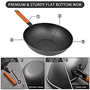 Carbon Steel Wok, 9 Pcs Wok Pan with Iron Lid & Handle Stir-Fry Pans 12.8" Chinese Wok Flat Bottom Wok with Cookware Accessories Suitabe for all Stoves (Black)