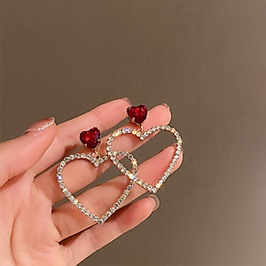 YienDoo Heart Crystal Hoop Drop Earrings Red Ruby Heart Stud Rhinestones Cluster Hollow Love Heart Dangle Earrings Gold Sparkly Exaggerated Bridal Prom Earrings Jewelry for Women Girls