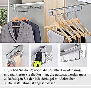 Heavy duty Pull-Out Retractable Wardrobe valet Rod Storage Rack Hanger Extender,Top Mount Hanging Telescopic Rail Wardrobe Clothes Clothes Rail (Size:14" Monorail silver 6 Beads) 2 Pieces
