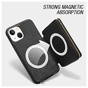 ZVE for iPhone 14 Plus Crossbody Wallet Case for Magsafe, Magnetic Phone Case with RFID Blocking Card Holder Wrist Strap for Women, Zipper Leather Cover for iPhone 14 Plus, 6.7"-Black