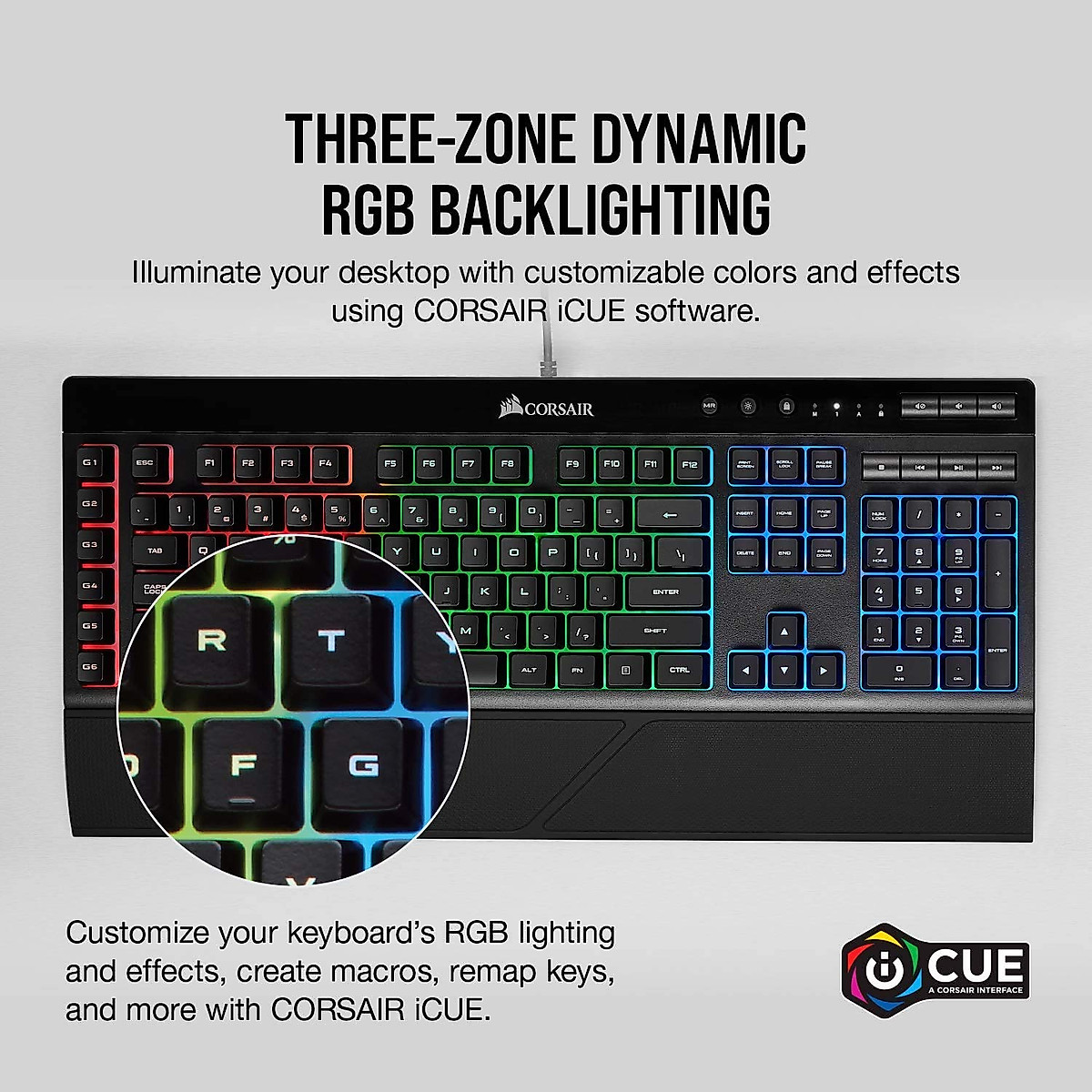 Corsair K55 RGB Gaming Keyboard - Quiet & Satisfying LED Backlit Keys - Media Controls - Wrist Rest Included - Onboard Macro Recording (Renewed)