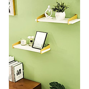 Firsttry Floating Shelves ,Gold Metal Brackets White Rustic Wood Wall Storage Shelf , Photo Display Ledges,for Bathroom, Living Room, Bedroom, Kitchen, Office, Bookshelf。