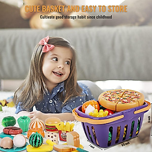 Elitoky 49PCS Cutting Play Food Toy for Kids Kitchen, Pretend Fruit & Vegetables Accessories with Shopping Storage Basket, Plastic Food Dishes Toy, Best Educational Gift for Toddlers Boys Girls