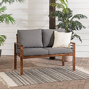Walker Edison 2 Person Outdoor Patio Modern Wood and Metal Loveseat with Washable Cushions All Weather Backyard Conversation Garden Poolside Balcony, 48 Inch, Dark Brown and Grey