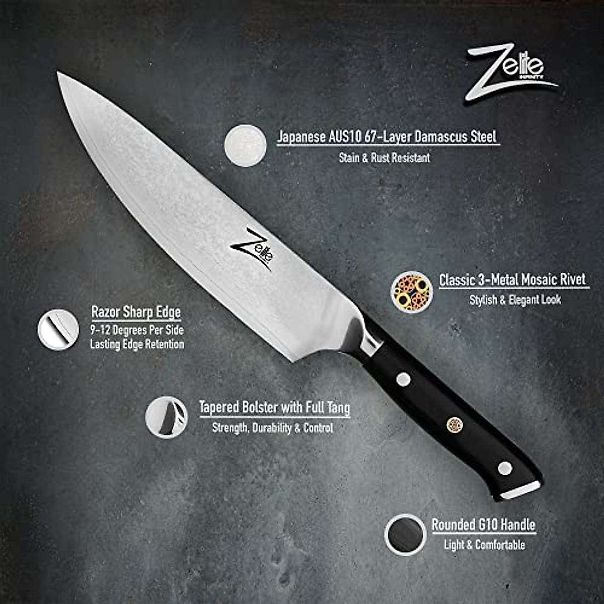 Zelite Infinity Damascus Chef Knife 8 Inch, Japanese Chef Knife, Damascus Kitchen Knife, Japanese Knife, Chefs Knife, Kitchen Knives, Chef Knives - Japanese AUS-10 Super Steel 67-Layer Damascus Knife