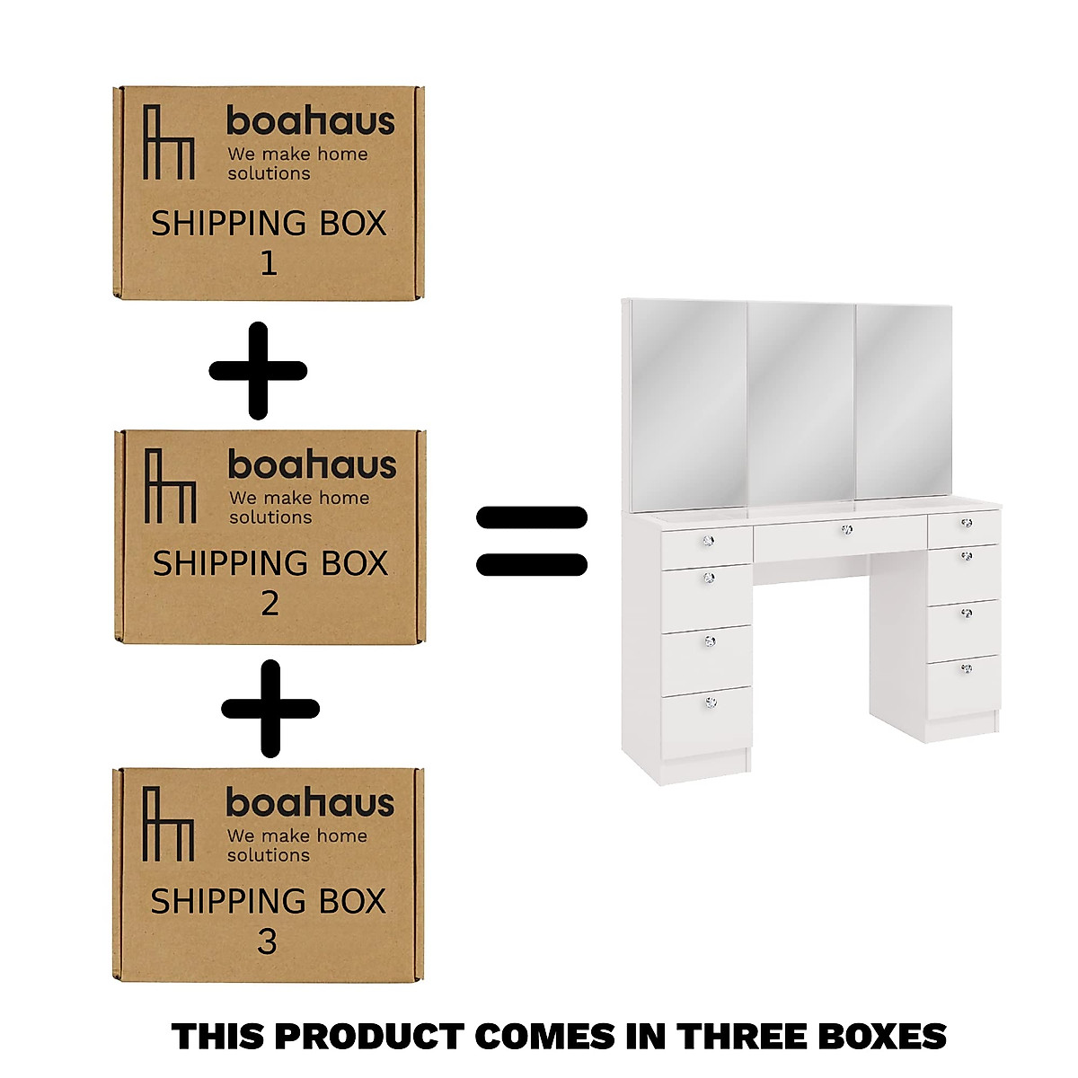 Boahaus Lily White Makeup Vanity Desk with Mirror Cabinets, Glass Top, 9 Drawers, and Crystal Ball Knobs - Modern Makeup Desk - Big Vanity - Large