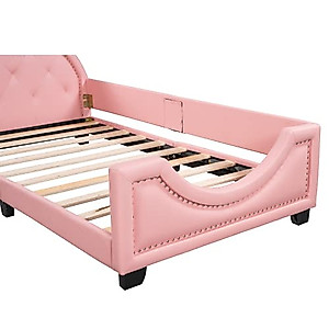 CNANXU Twin Size Upholstered Daybed with Bunny Ears/Mouse Ears Headboard, Bed Frames for Boys,Girls,Teens, Platform Bed for Bedroom,Mattress Base,No Box Spring Needed (Bunny Ears Pink)