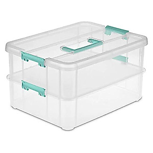 Sterilite Convenient Small Home 2-Tiered Layer Stack Carry Storage Box with Colored Accent Secure Latching Lid, Clear (4 Pack)