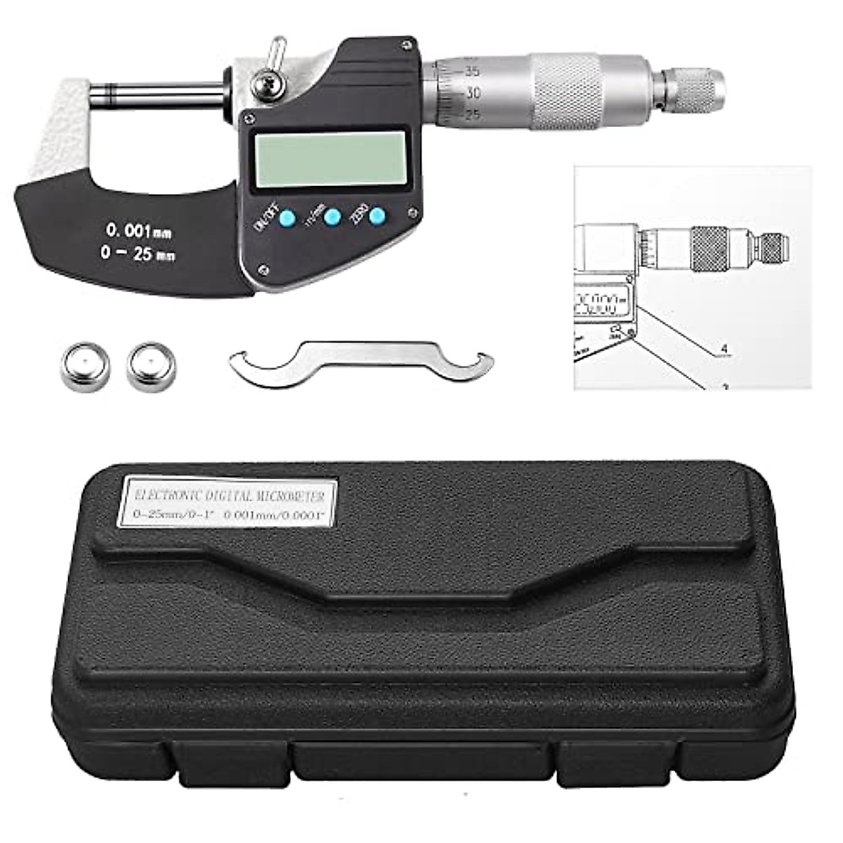 AUTOUTLET 0-25mm Precision Digital Micrometer Electronic Micrometer Caliper with 0.001mm Resolution and LCD Display for Accurate Measurements