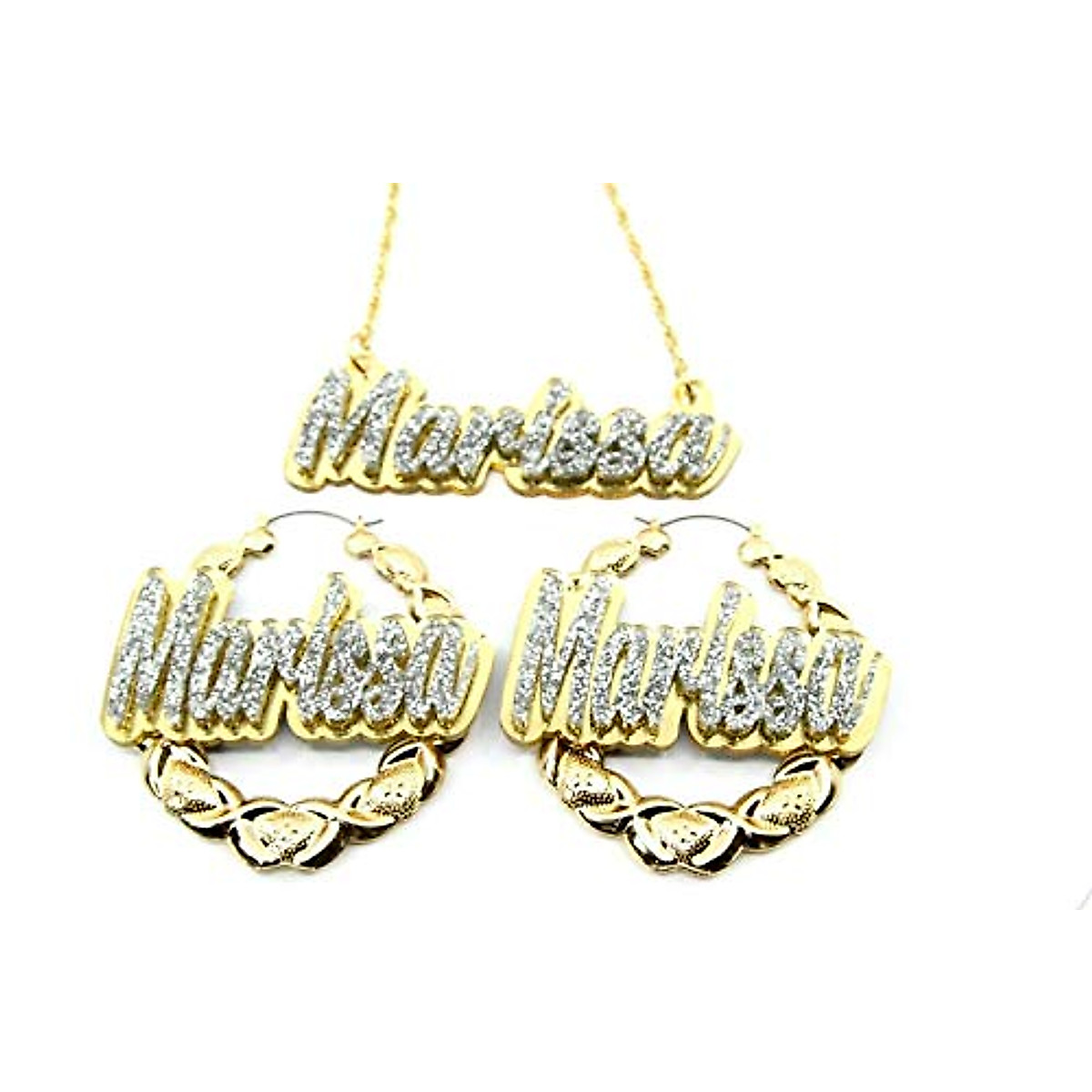 Name Necklace Plate Personalized Custom Nameplate and 2.5" XOXO Gold Earrings Made To Order Any Name Jewelry Set Laser Cut Diamond Look Glitter Script Cursive Letters, Quality Gold Chain, Stunning
