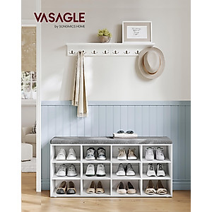 VASAGLE Shoe Bench with Cushion, Storage Bench with Padded Seat, Entryway Bench with 12 Compartments, for Bedroom, 11.9 x 40.9 x 18.9 Inches, Cloud White and Dove Gray ULHS012W14
