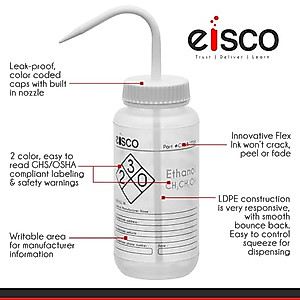 EISCO 6PK Wash Bottle for Ethanol, 500ml - Labeled with Color Coded Chemical & Safety Information (2 Color) - Wide Mouth, Self Venting, Low Density Polyethylene Labs