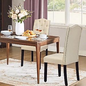 ERGOMASTER Dining Chairs Set of 4 Adjustable Parsons Chairs Anti-Slip Foot Dining-Chair Fabric Kitchen Chair with Solid Wood Legs - Beige