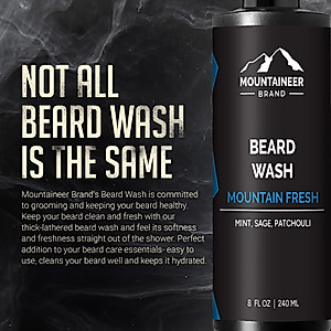 Mountaineer Brand Beard Wash For Men | 100% Natural Beard Shampoo | Thick Cleaning Softening Lather for Hair and Skin | Hydrate and Detangle | Grooming Treatment | Mountain Fresh Scent 8oz