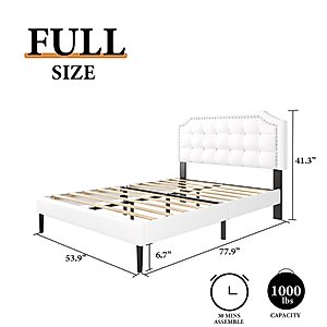 CXVX Full Size Platform Bed Frame with Headboard, Button Tufted & Rivet Design, No Box Spring Needed, Easy Assembly, No Noise, White Faux Leather