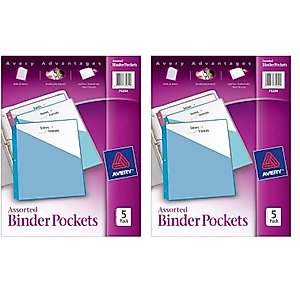 Avery Binder Pockets, Assorted Colors, 8.5" x 11", Acid-Free, Durable, 5 Slash Jackets (75254) (Pack of 2)