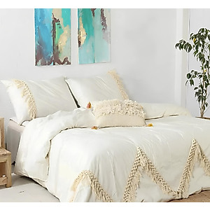 INDACORIFY 3 Pcs Boho Tassel Duvet Cover with Fringes Bedding Washed Duvet Cover Queen King Double Twin Custom Size Fringes Duvet Cover Boho Bedding (Over Size 108X108 Inches)