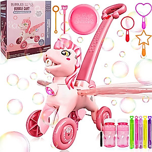 Pink Bubble Machine Blower Maker Lawn Mower Walking Toy Christmas Basket Stuffers Outdoor Summer Girls Kids Toddler 1st Birthday Best Gift for 1 2 3 Year Old Unique Cute Valentines Day Unicorn Gifts