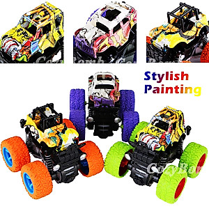 CozyBomB Friction Powered Monster Trucks Toys for Boys - Push and Go Car Vehicles Truck Playset, Inertia Vehicle, Kids Birthday Christmas Party Supplies Gift 3 Years Old (Orange,Purple,Green)