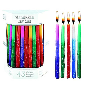 Deluxe Dripless Hanukkah Candle Set of 45 Premium Colorful Thin Tapered Candles for Standard Chanukah Menorah, Birthday Party, Celebrations Frosted Tri Color Candles by Aviv Judaica