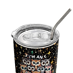 20oz Owlaholic Sunflower Owl Tumbler, Gifts for Owl Lovers, Coffee Thermos for Women, Stainless Steel Double Wall Vacuum Insulated Coffee Mug, Travel Cup with Lid