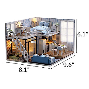 Ogrmar Dollhouse Miniature with Furniture, DIY Dollhouse Kit Plus Dust Proof & LED Light, Creative Room Toys for Children Gift (Blue Time)