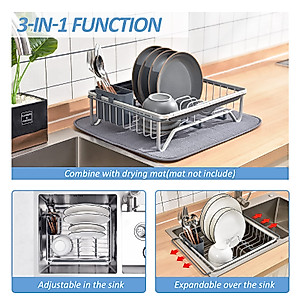TOOLF Expandable Dish Rack, Aluminum Over The Sink Rack Adjustable Dish Rack in Sink Or On Counter Dish Drainer with Utensil Holder Rustproof for Kitchen