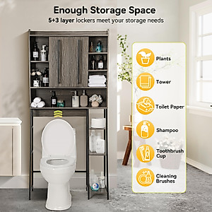 Decofy Over The Toilet Storage Cabinet, Over Toilet Bathroom Organizer with Sliding Door, Inner Adjustable Shelf & Open Storage Shelfs, Large Capacity Bathroom Over Toilet Storage, Gery