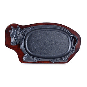 FMC Fuji Merchandise Corp Cast Iron Steak Plate Sizzle Griddle with Wooden Base Steak Pan Grill Fajita Server Plate Household use or Restaurant Supply (Cow Shape 10.5"L)