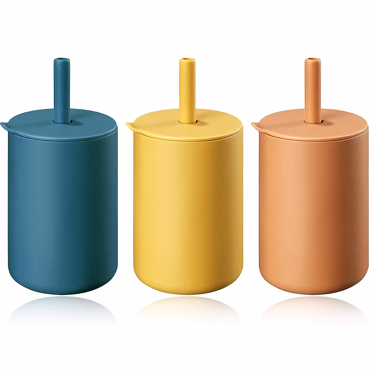 Geiserailie Mini Baby Silicone Cups with Straw Reliable Lid Sippy Cup Reliable 6 oz Unbreakable Training Cup for Toddler (Yellow, Blue, Brown,3 Pieces)