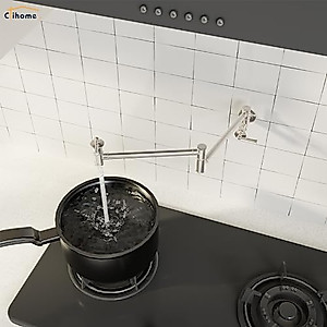 Double Handles Folding Pot Filler Kitchen Faucet with 360 Degrees Swing Arm Single Hole Brass Wall Mount Pot Filler Facuet Dual Joints Brushed Nickel