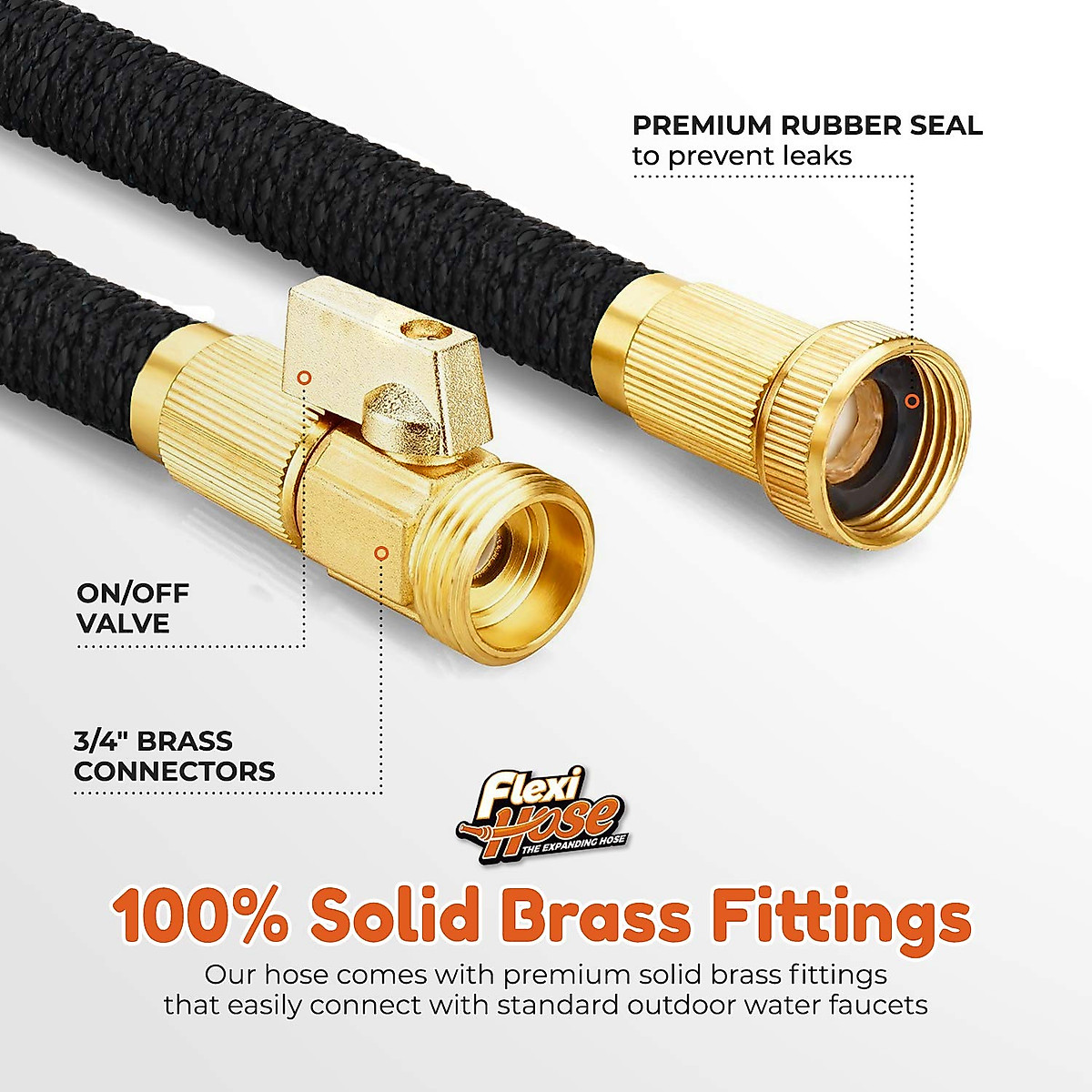 Flexi Hose Upgraded Expandable Garden Hose 50 ft Extra Strength 3/4 Solid Brass Fittings - The Ultimate No-Kink Flex 50 ft Water Hose (Black, 50FT)