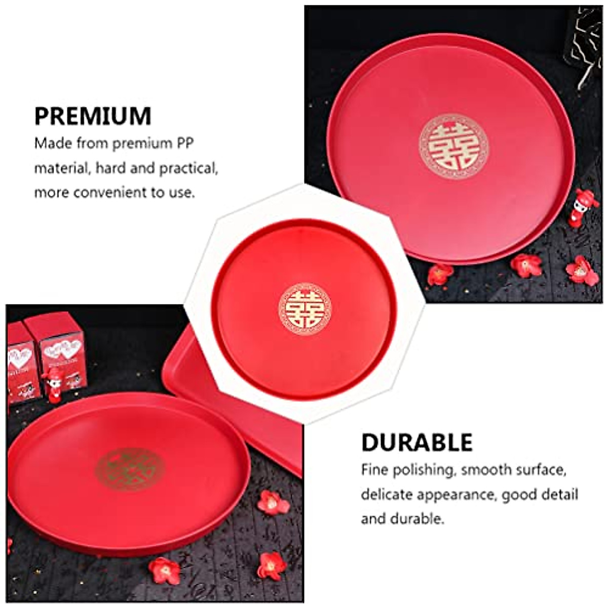 jojofuny Chinese Wedding Serving Tray Platter: Red Fruit Plate Round Tea Tray Large Plastic Snack Dishes for Chinese Traditional Wedding Decoration Supplies