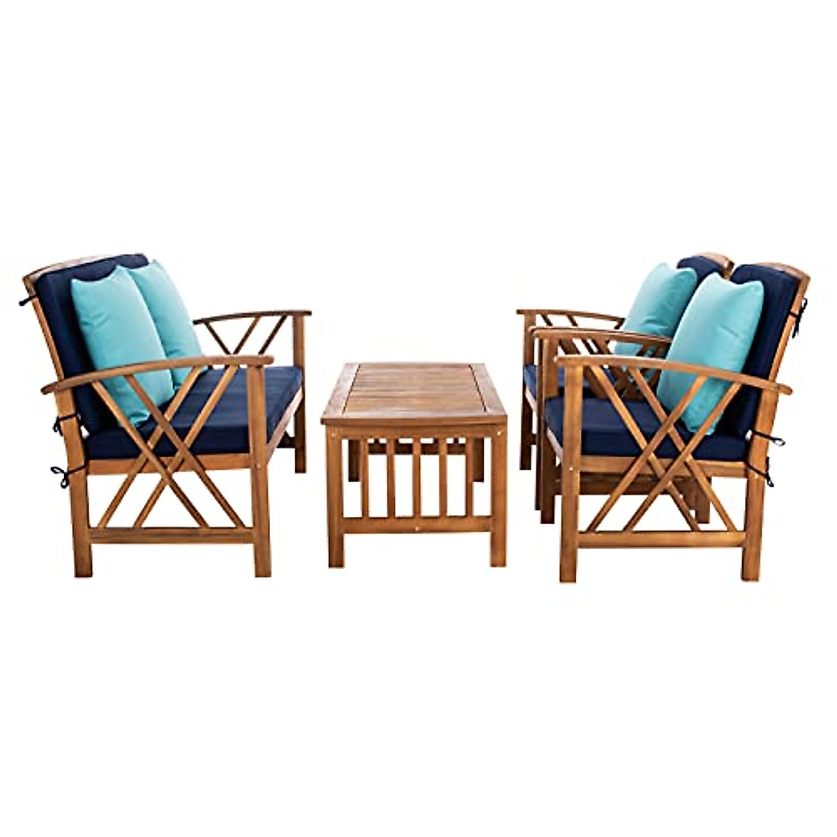 SAFAVIEH Outdoor Collection Fontana Natural/ Navy Cushions/ Blue Pillows 4-Piece Conversation Patio Set