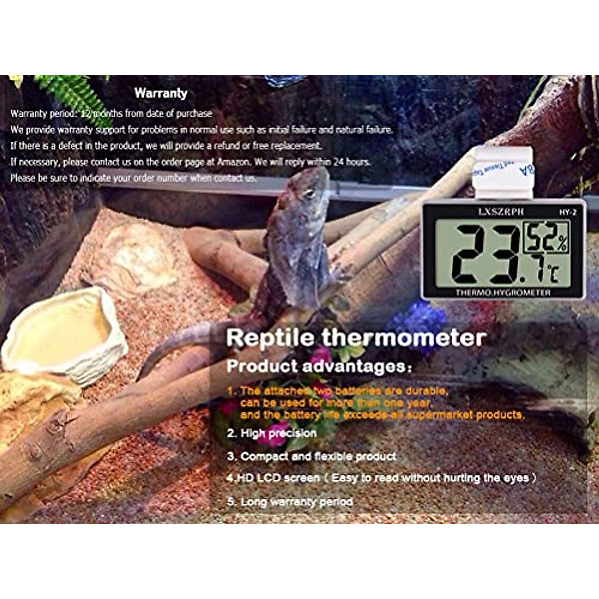 LXSZRPH Reptile Thermometer Hygrometer HD LCD Reptile Tank Digital Thermometer with Hook Temperature Humidity Meter Gauge for Reptile Tanks, Terrariums, Vivarium (2packs)