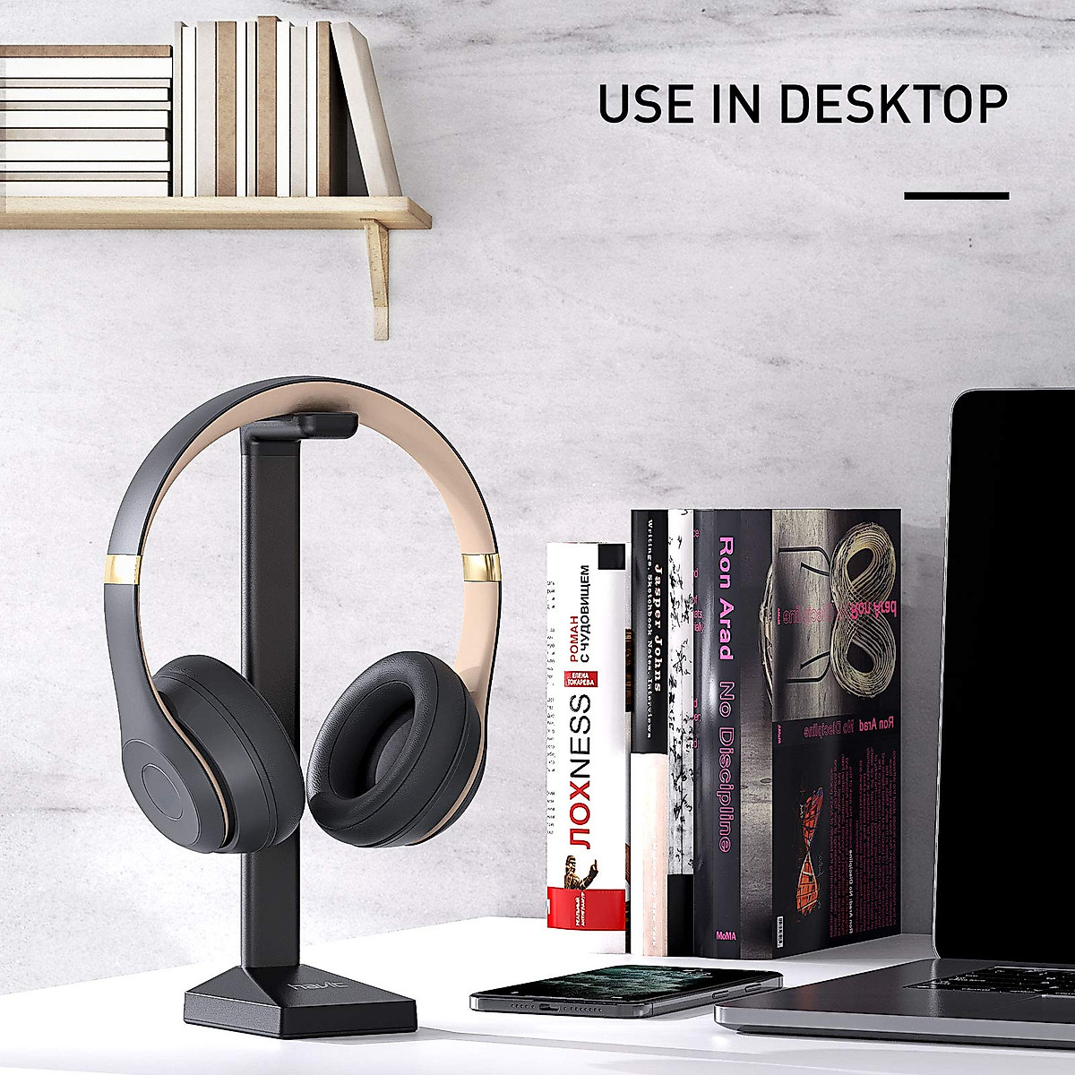 havit PC Gaming Headset Headphone Stand Holder Hanger Hook 2 in 1 Headphones Stand Aluminum Pole Solid Base Rubber Anti-Slip for Desk Wall Desk Compatible All Headphone