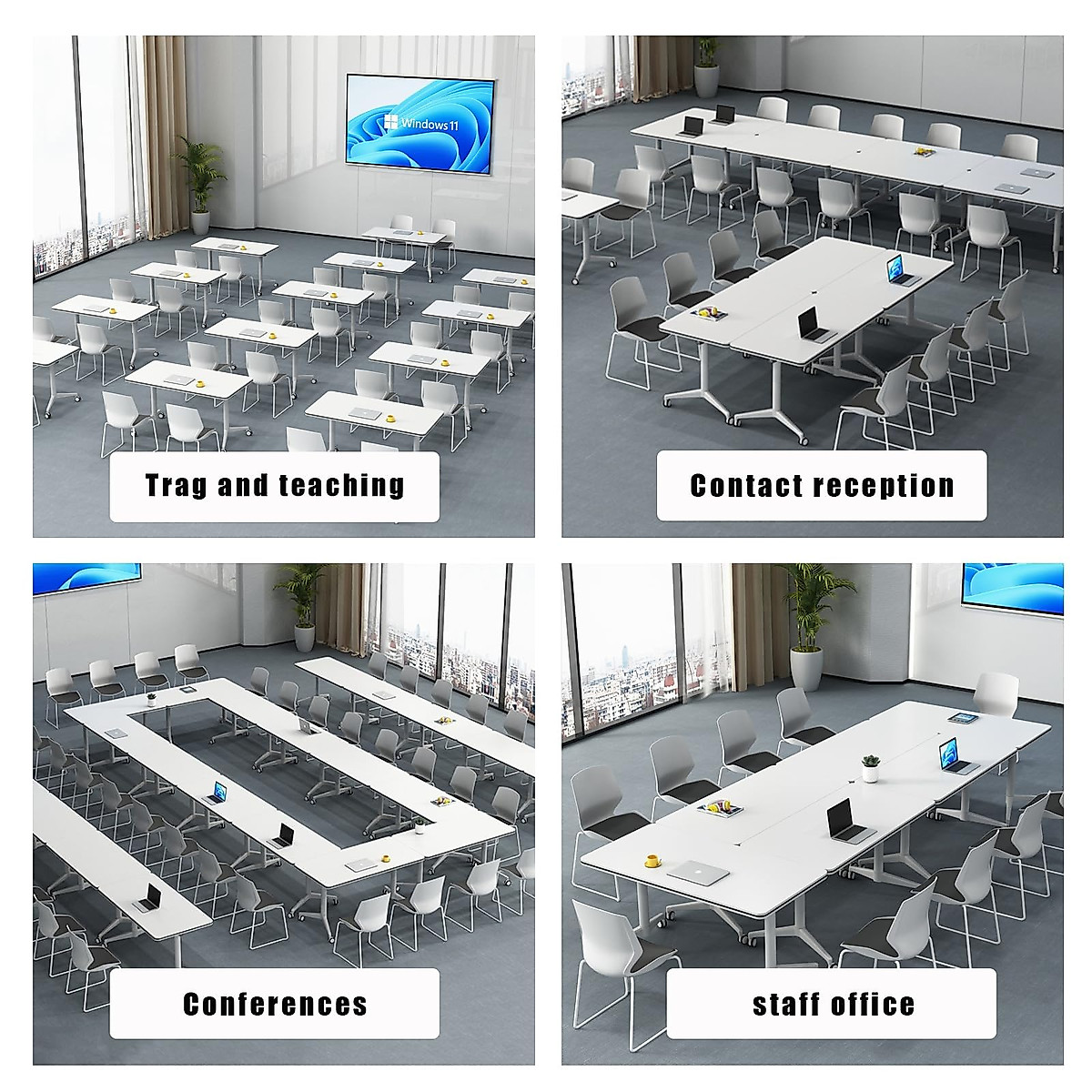 AKSOUDEW Conference Table-Easy to Move Portable White Small Conference Table-with Silent Wheels Folding Rectangle Conference Table Suitable for Office,Meeting Room,classr (4Pcs) (160 * 60 * 75cm)